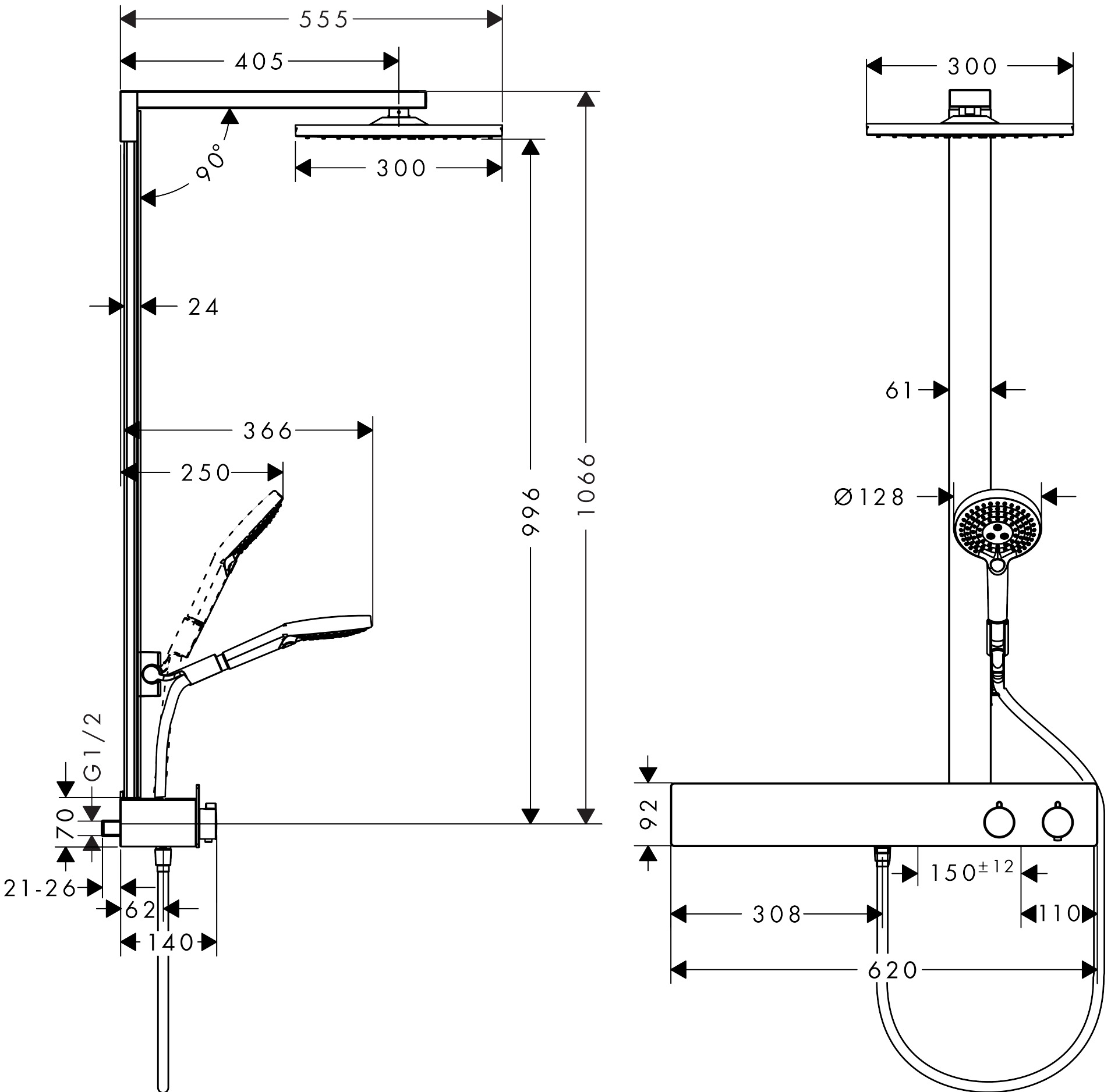 Hansgrohe Raindance E Square E300 1jet showerpipe:m. ShowerTablet 600 ...