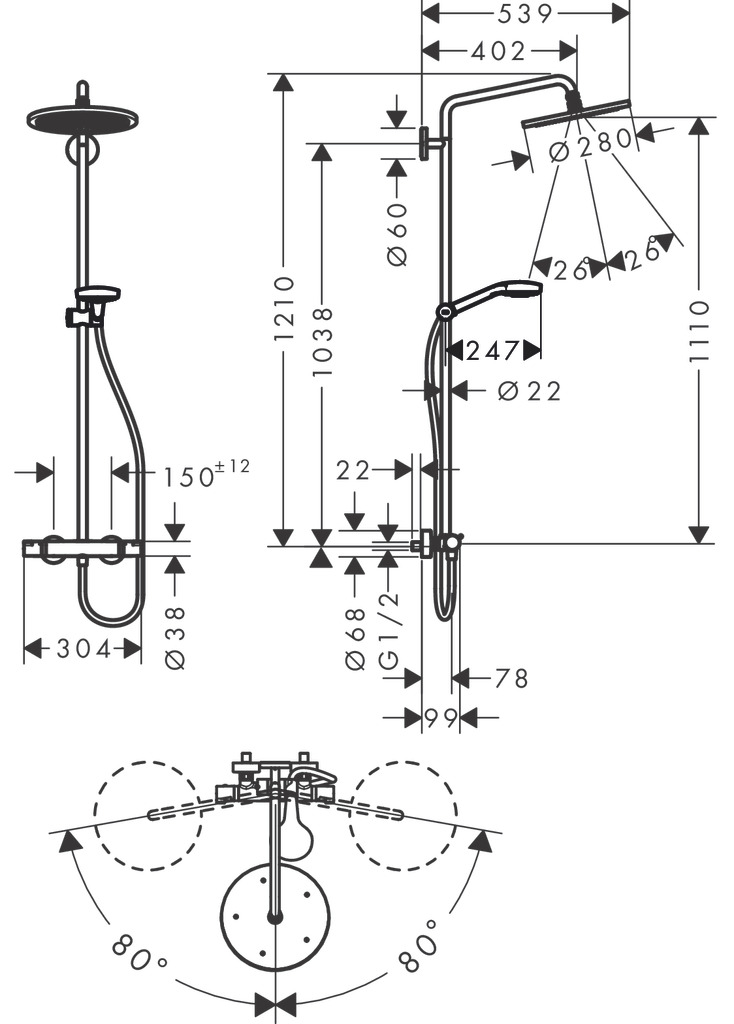 Hansgrohe Croma 280 showerpipe met thermostaat en push-slider chroom ...