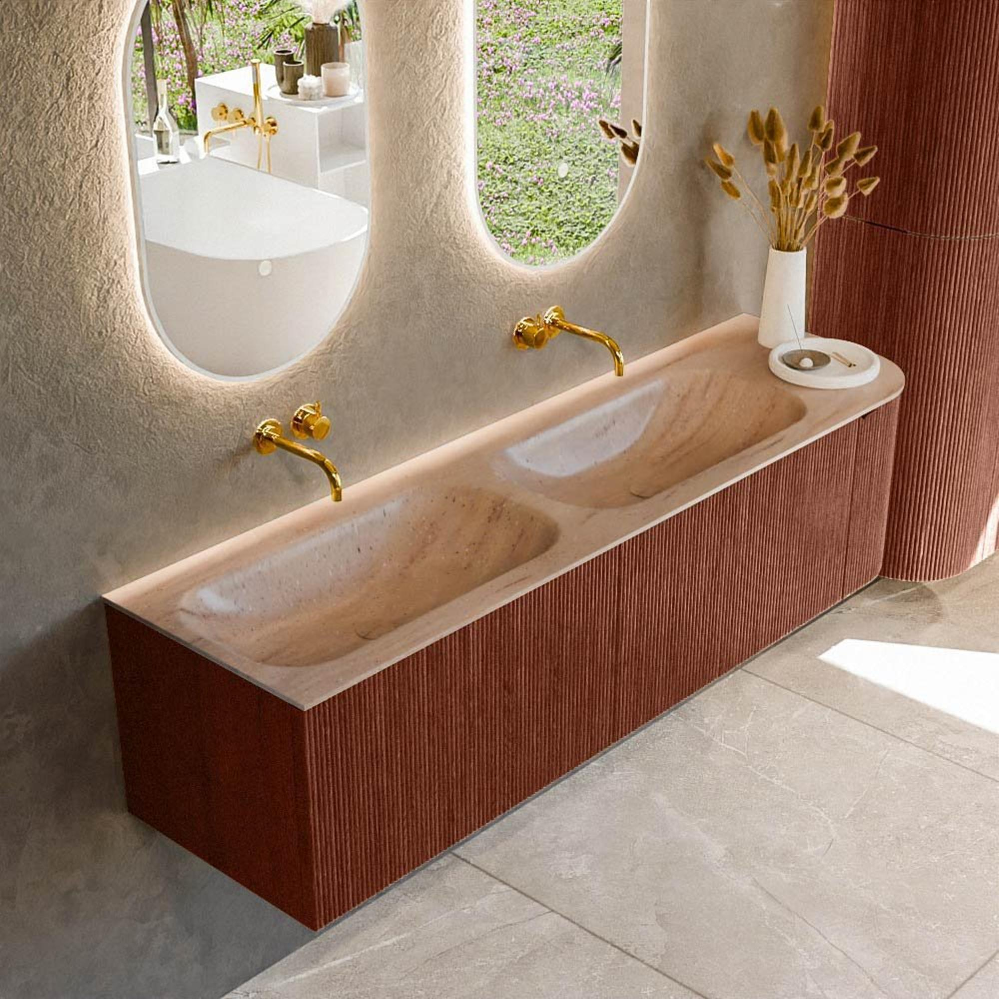 MONDIAZ KURVE-DLUX 165cm badmeubel ronding Rechts kleur Ruby met 2 ...