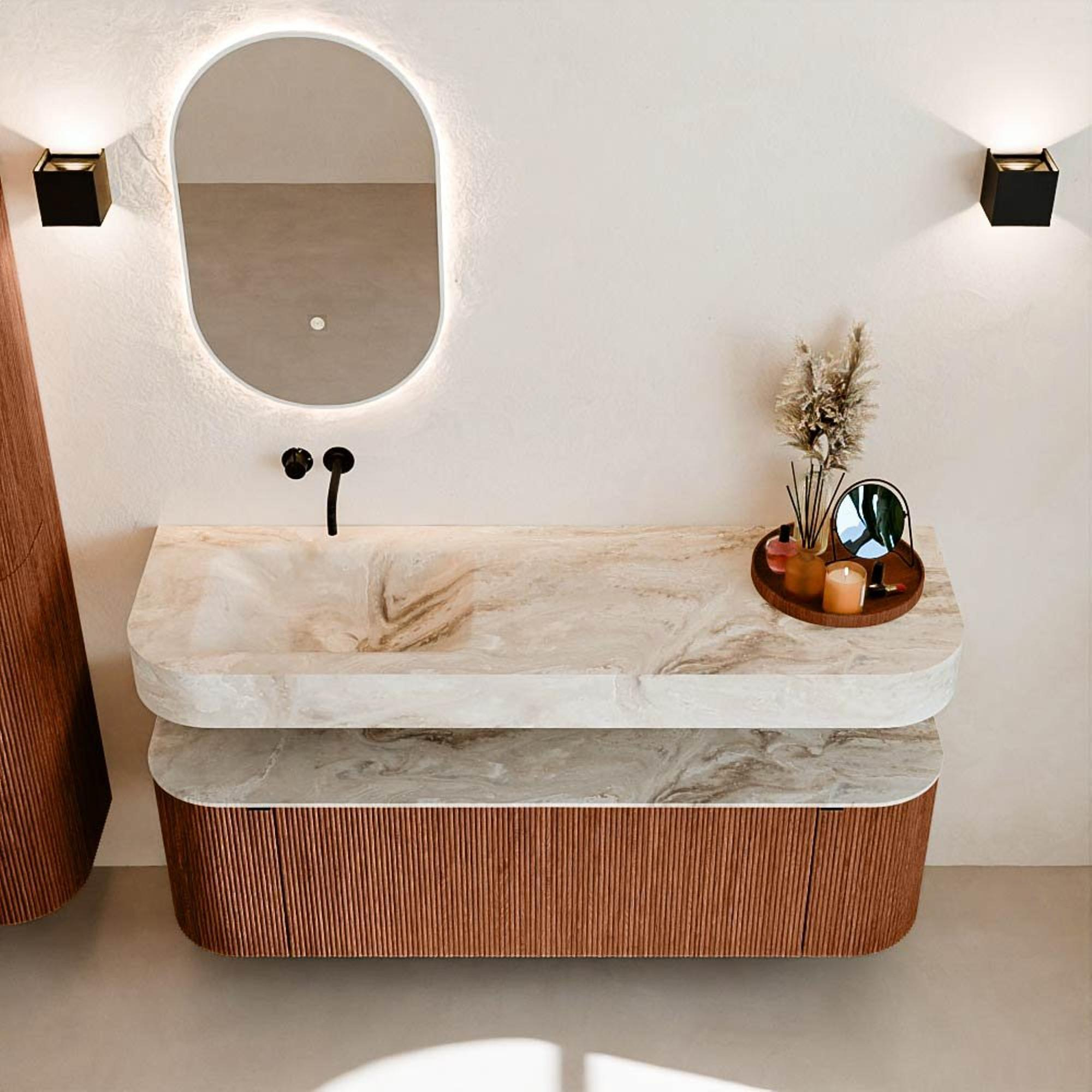 MONDIAZ THOR-DLUX 150cm badmeubel ronding links + rechts kleur Ruby met ...