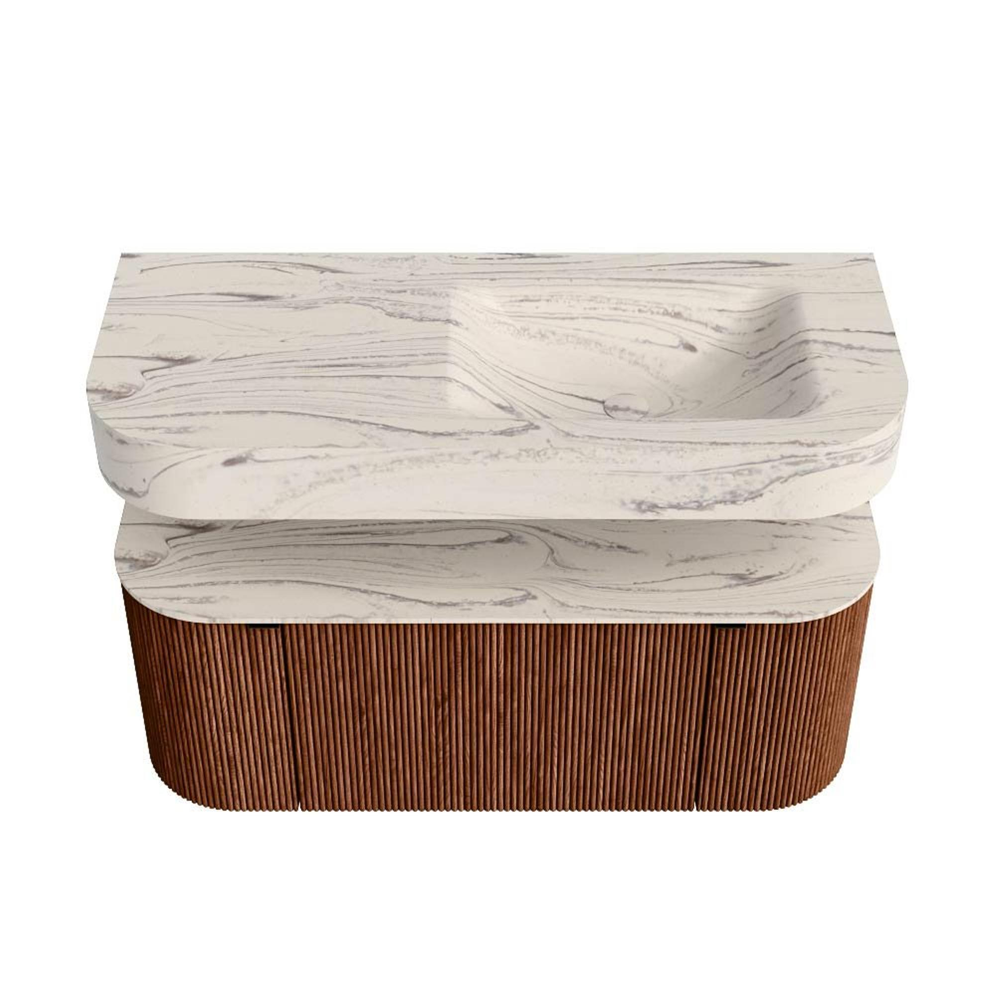 MONDIAZ THOR-DLUX 110cm badmeubel ronding links + rechts kleur Ruby met 1 lade en 2 deuren ...